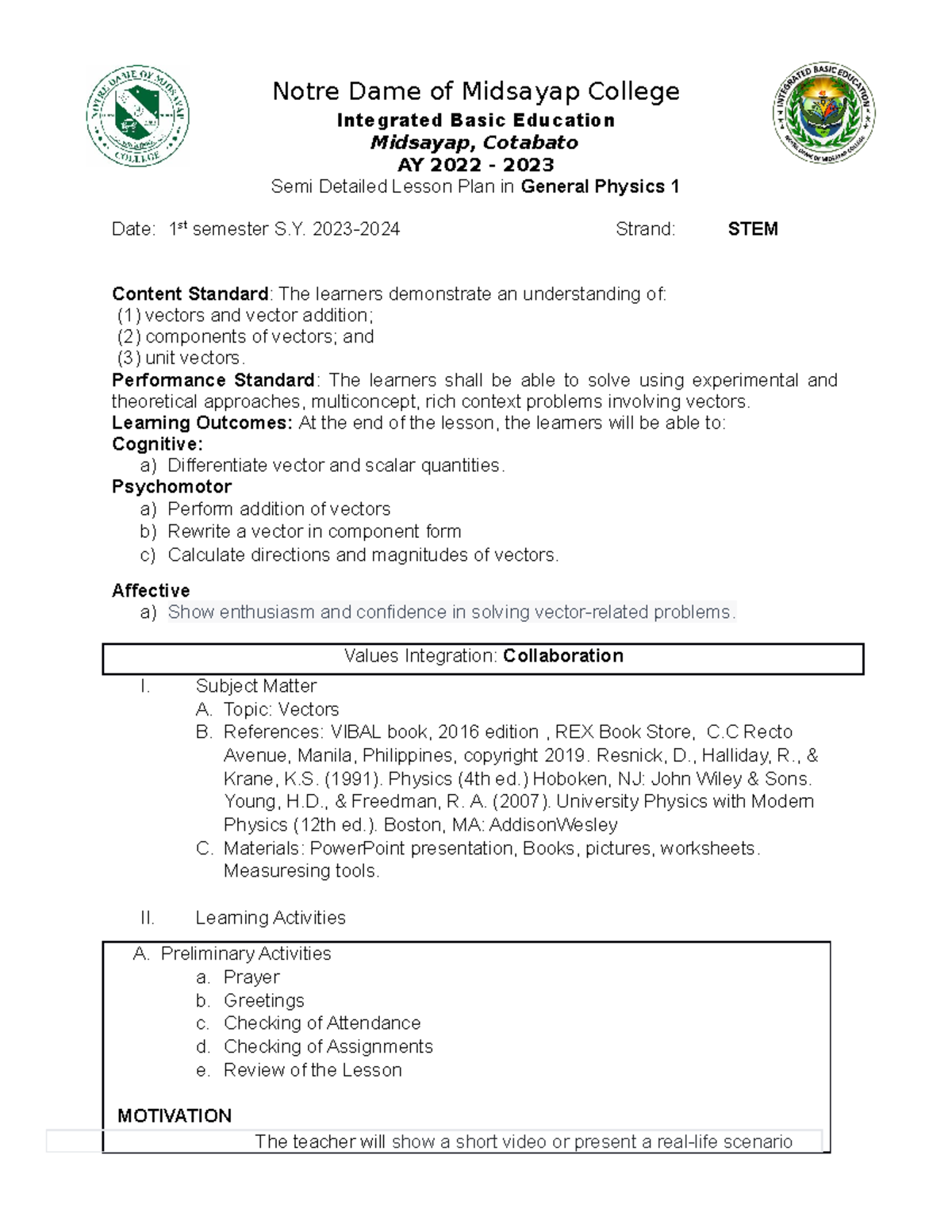 2. General Physics 1 - It has the lesson planning session. - Notre Dame ...