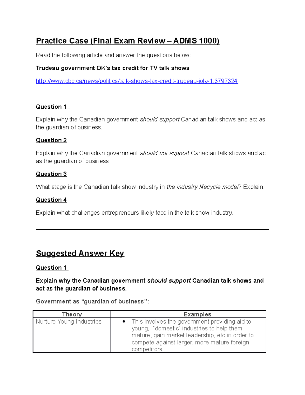 Final Exam - Practice Case 1 and Solutions - Practice Case (Final Exam ...