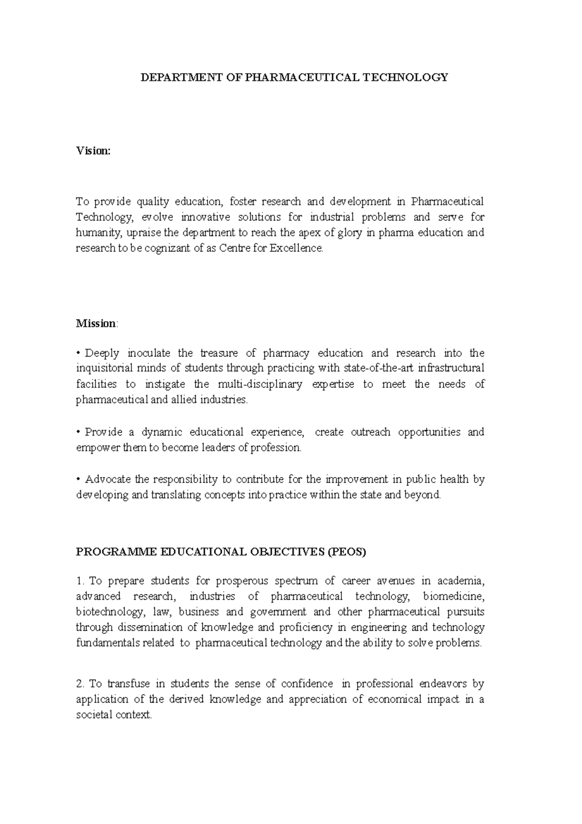 Pharma - Vision. Mission, PO, PEO, PSO - DEPARTMENT OF PHARMACEUTICAL ...