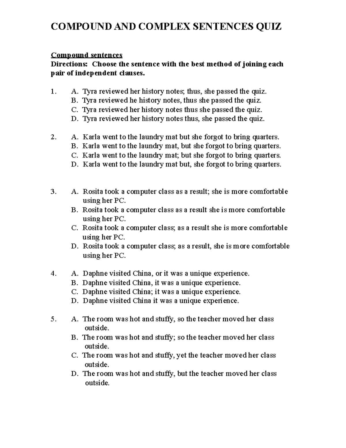 Compound & Complex sentences quiz - Compound sentences Directions ...