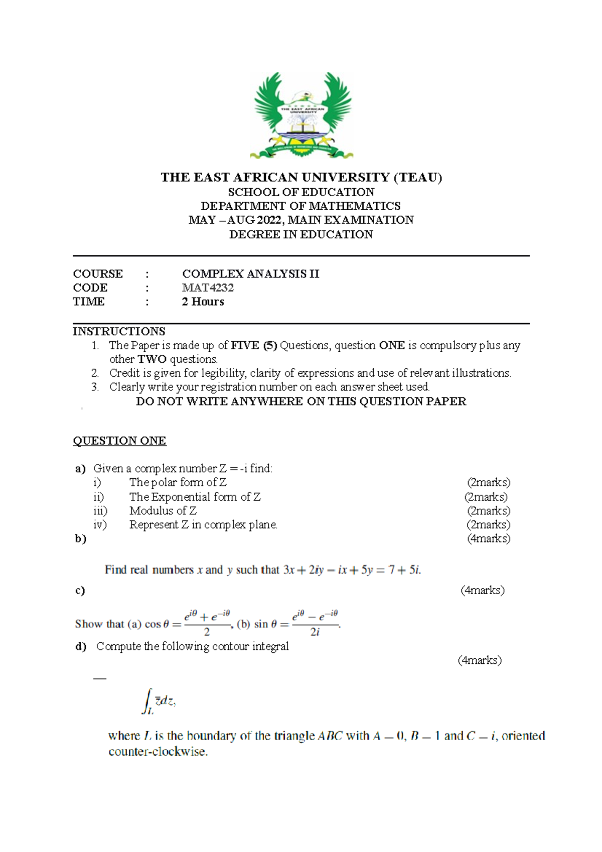 Complex analysis II - THE EAST AFRICAN UNIVERSITY (TEAU) SCHOOL OF ...