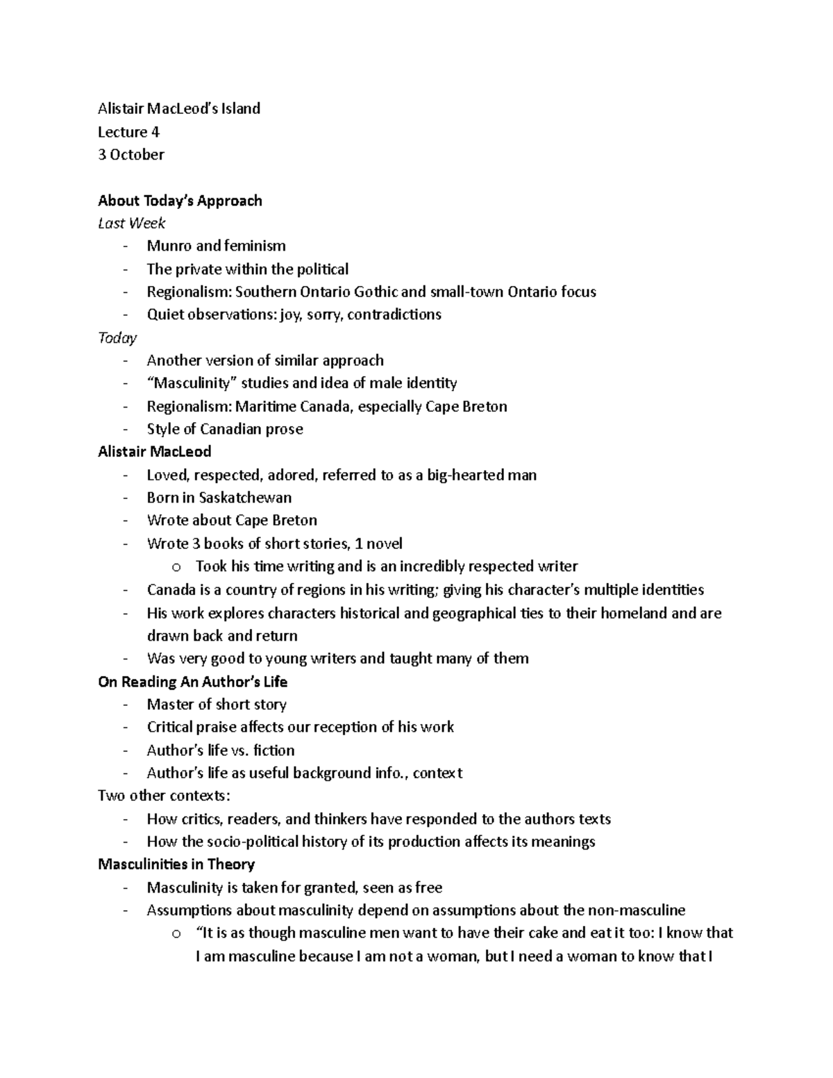 Island - Prof. Rob Winger - Alistair MacLeod’s Island Lecture 4 3 ...