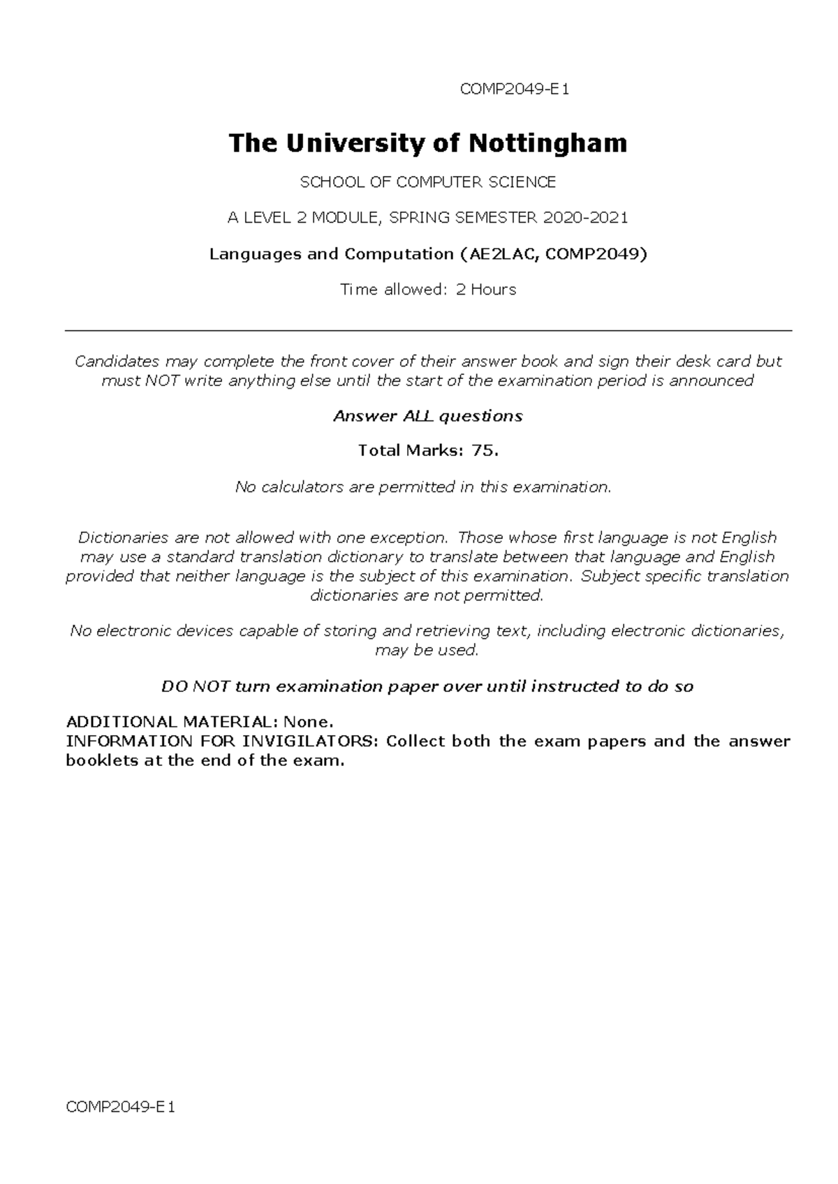 COMP2049 AE2LAC Exam 2021 - The University of Nottingham SCHOOL OF ...