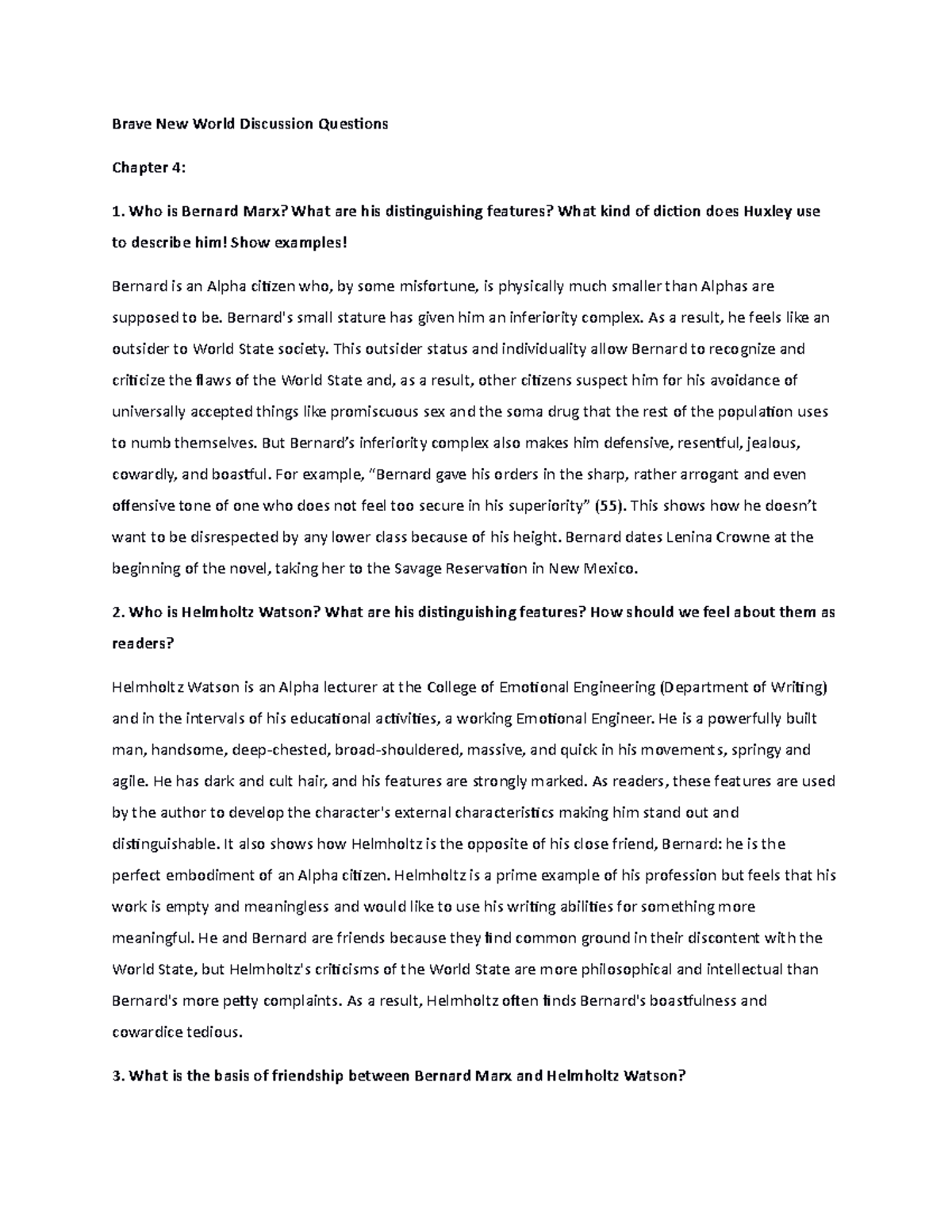 Brave New World - Ch. 4-6 - Brave New World Discussion Questions ...