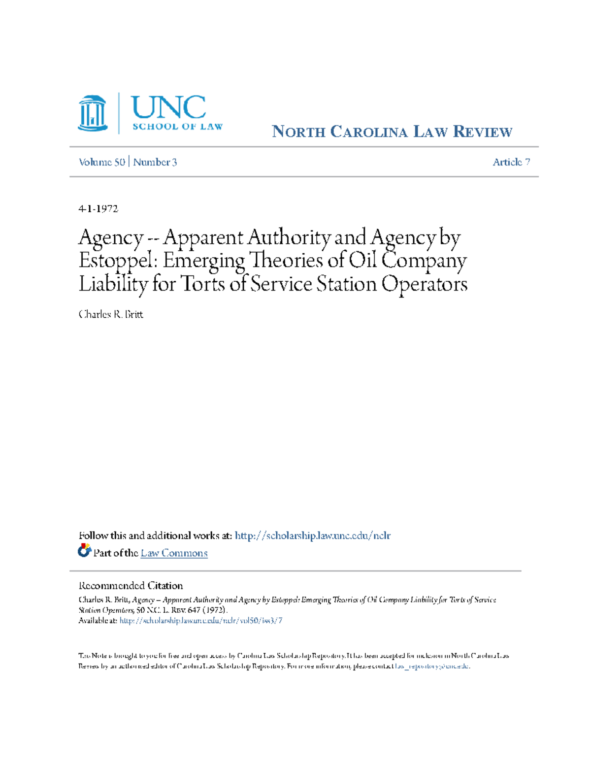 Agency - Apparent Authority and Agency by Estoppel - NORTH CAROLINA LAW ...