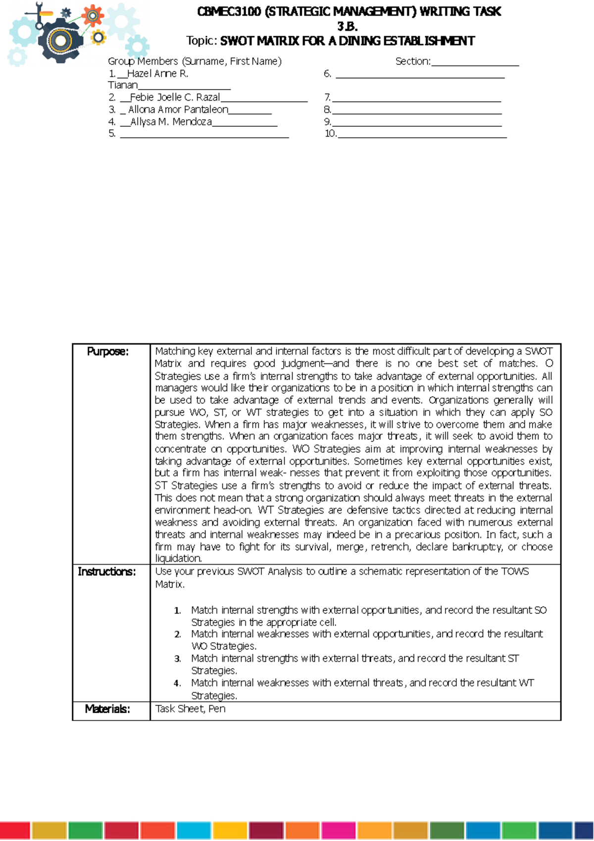 Cbmec 3100 (Writing Task 3B) - CBMEC3 100 (STRATEGIC MANAGEMENT) WRITING TASK 3 .B. Topic: SWOT ...