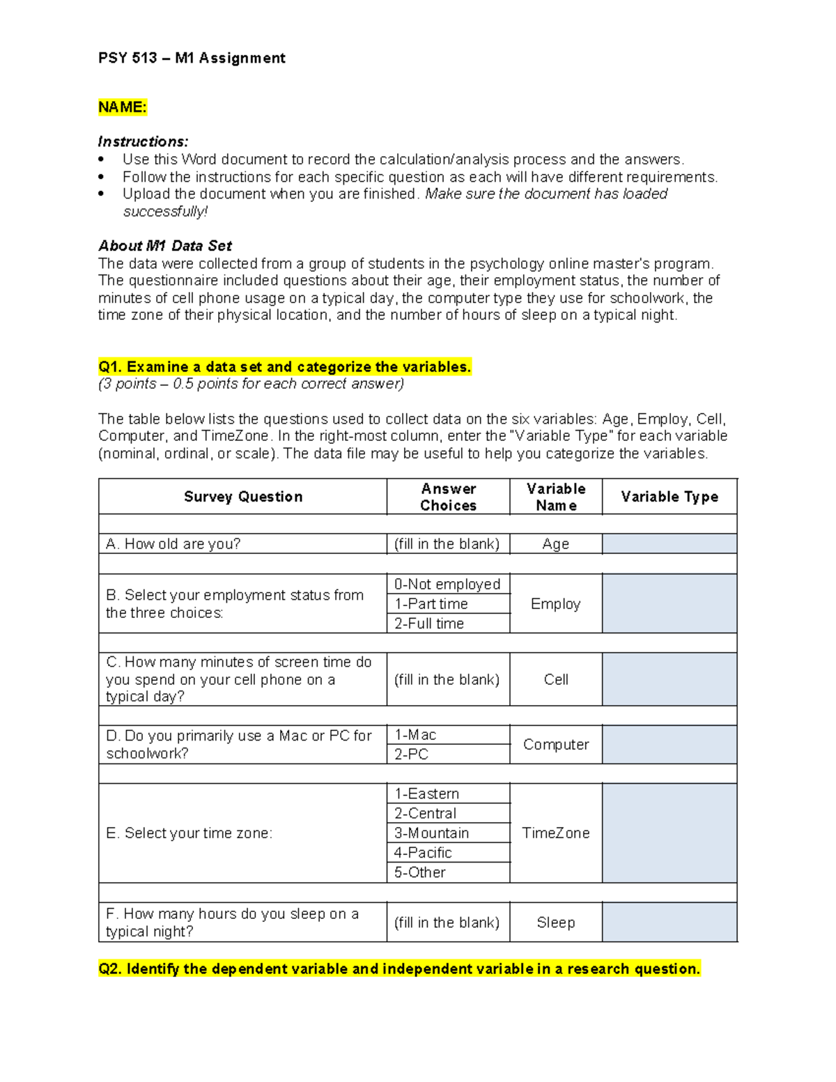 M1+Assignment - n/a - NAME: Instructions: Use this Word document to ...
