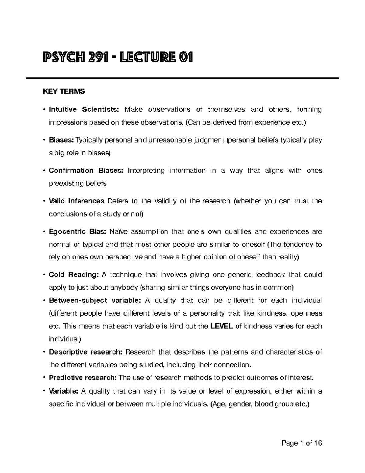 Psych Notes #1 - PSYCH 291 - Lecture 01 KEY TERMS " Intuitive ...