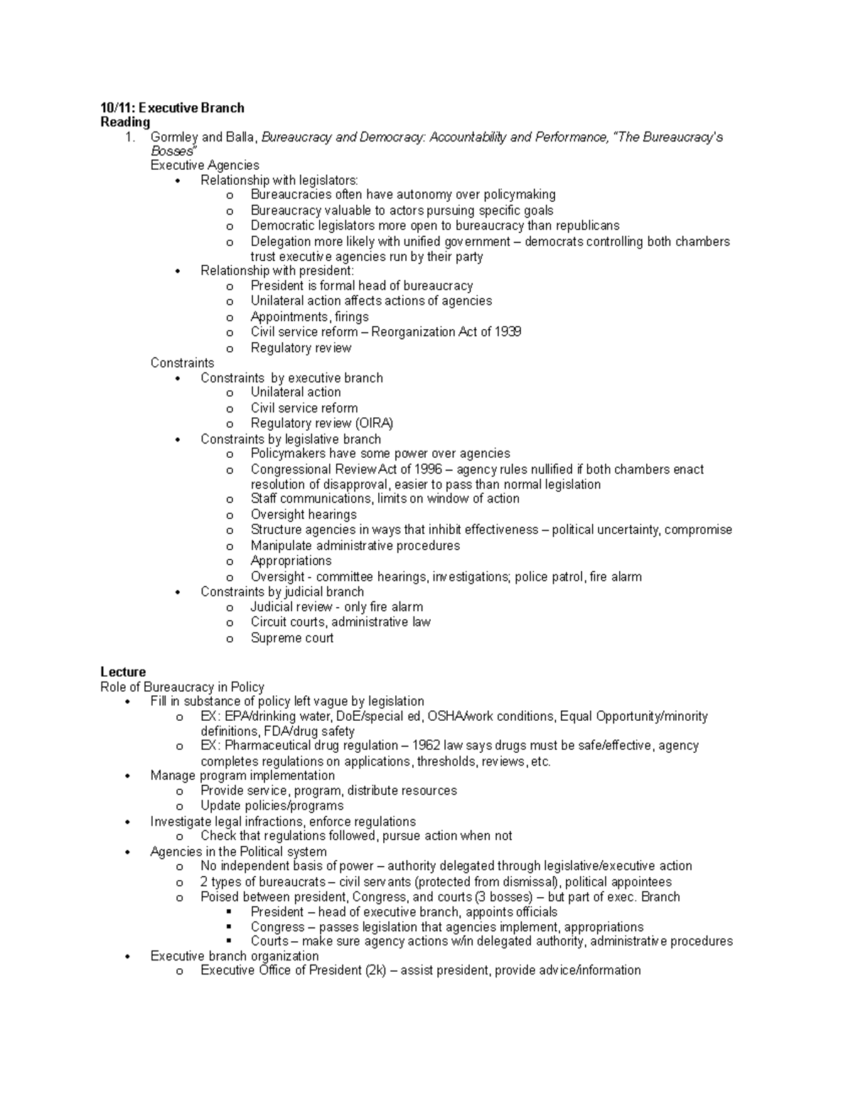 The Executive Branch - Lecture notes 4 - 10/11: Executive Branch ...