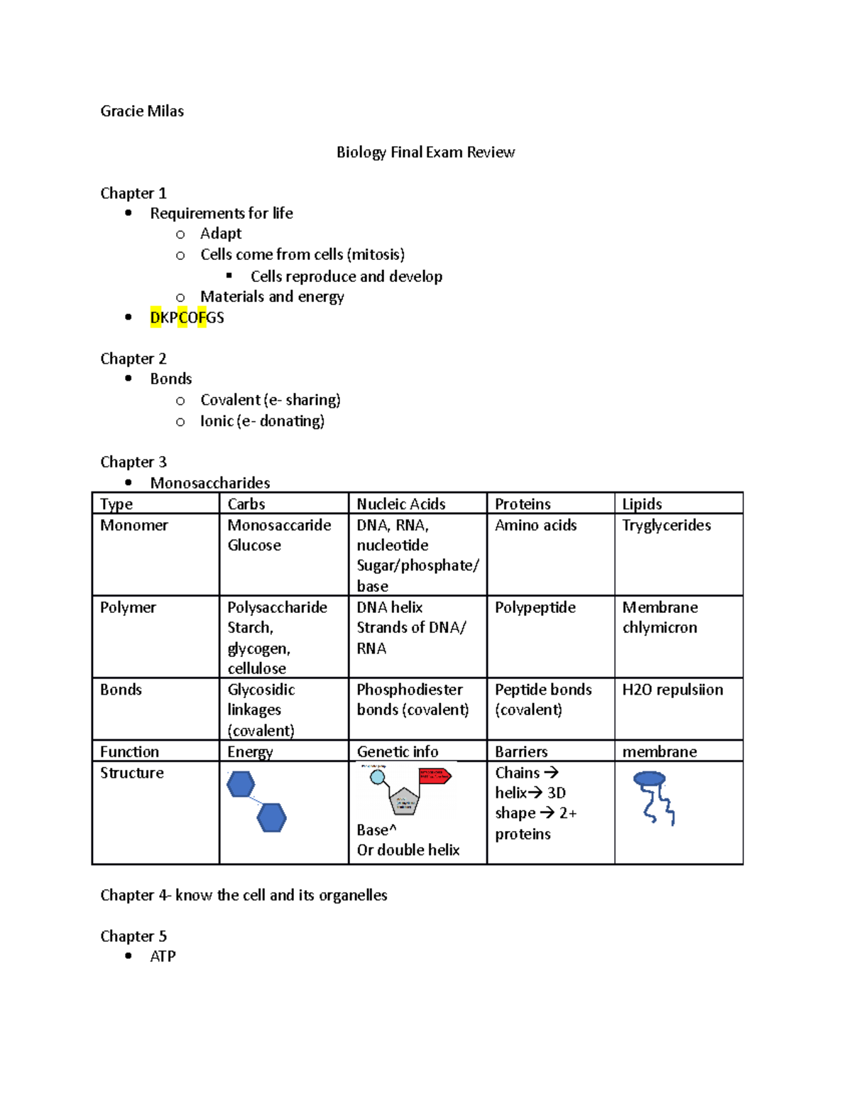 Biology final review - Gracie Milas Biology Final Exam Review Chapter 1 ...