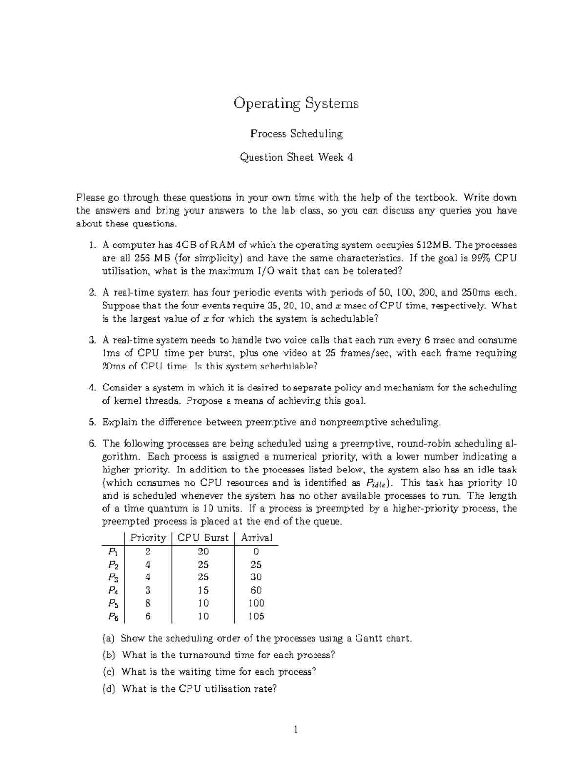 Question set 4 - Questions - Operating Systems Process Scheduling ...