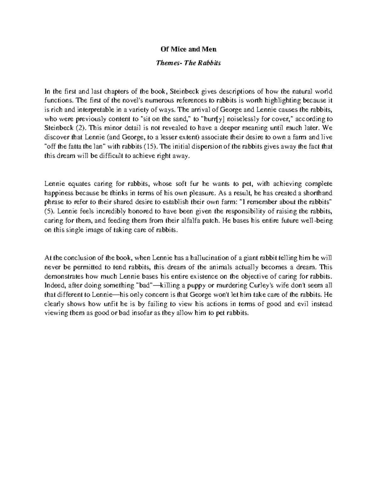 Of Mice and Men - Themes- The Rabbits - Of Mice and Men Themes- The ...