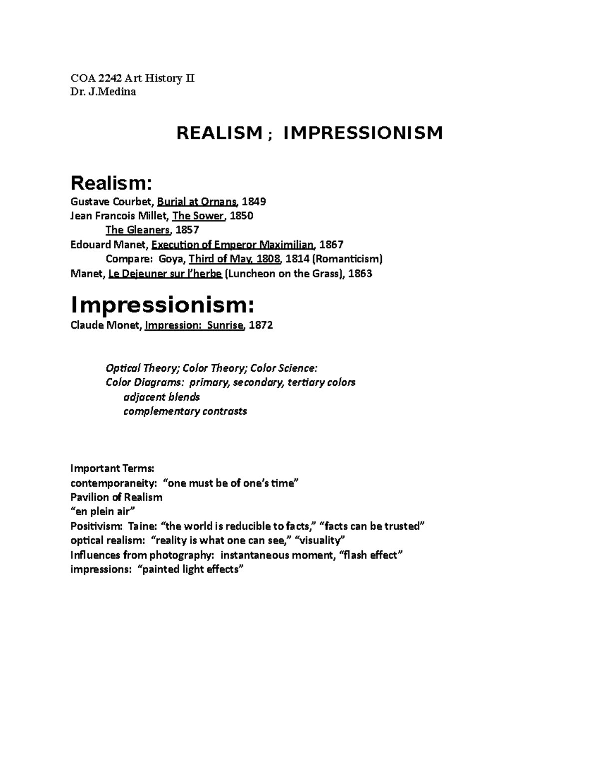 Module 8 2242 realism - Lecture notes 8 - COA 2242 Art History II Dr. J ...