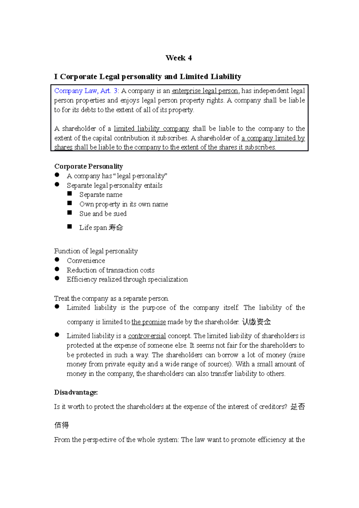 Week 4 - week 4 lecture notes - Week 4 I Corporate Legal personality ...