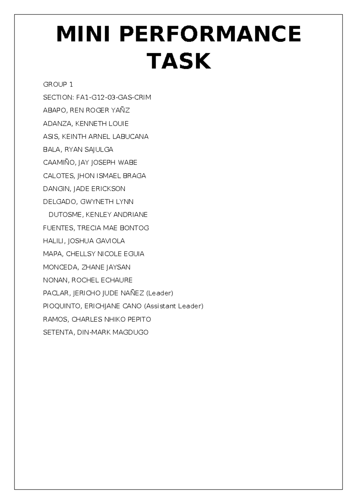 1ST MINI PT (SPX 001) - mini pt - MINI PERFORMANCE TASK GROUP 1 SECTION ...