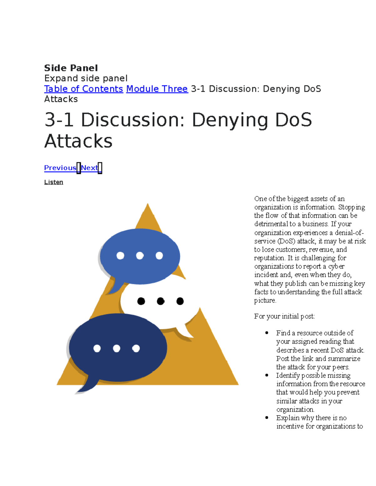 Module 3 Discussion V9 - CYB 310 - Side Panel Expand side panel Table ...