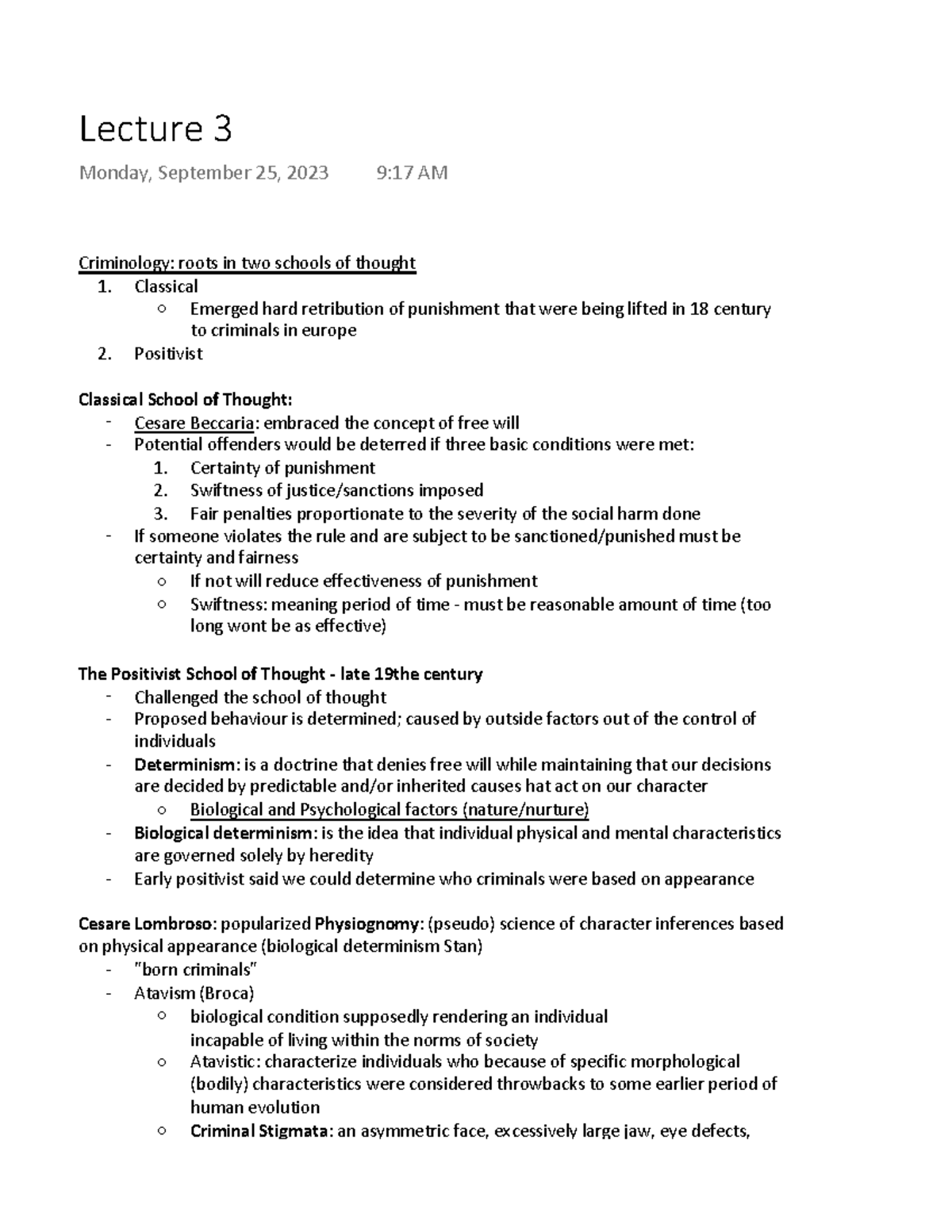 Lecture 3 - Criminology: roots in two schools of thought 1. Classical ...
