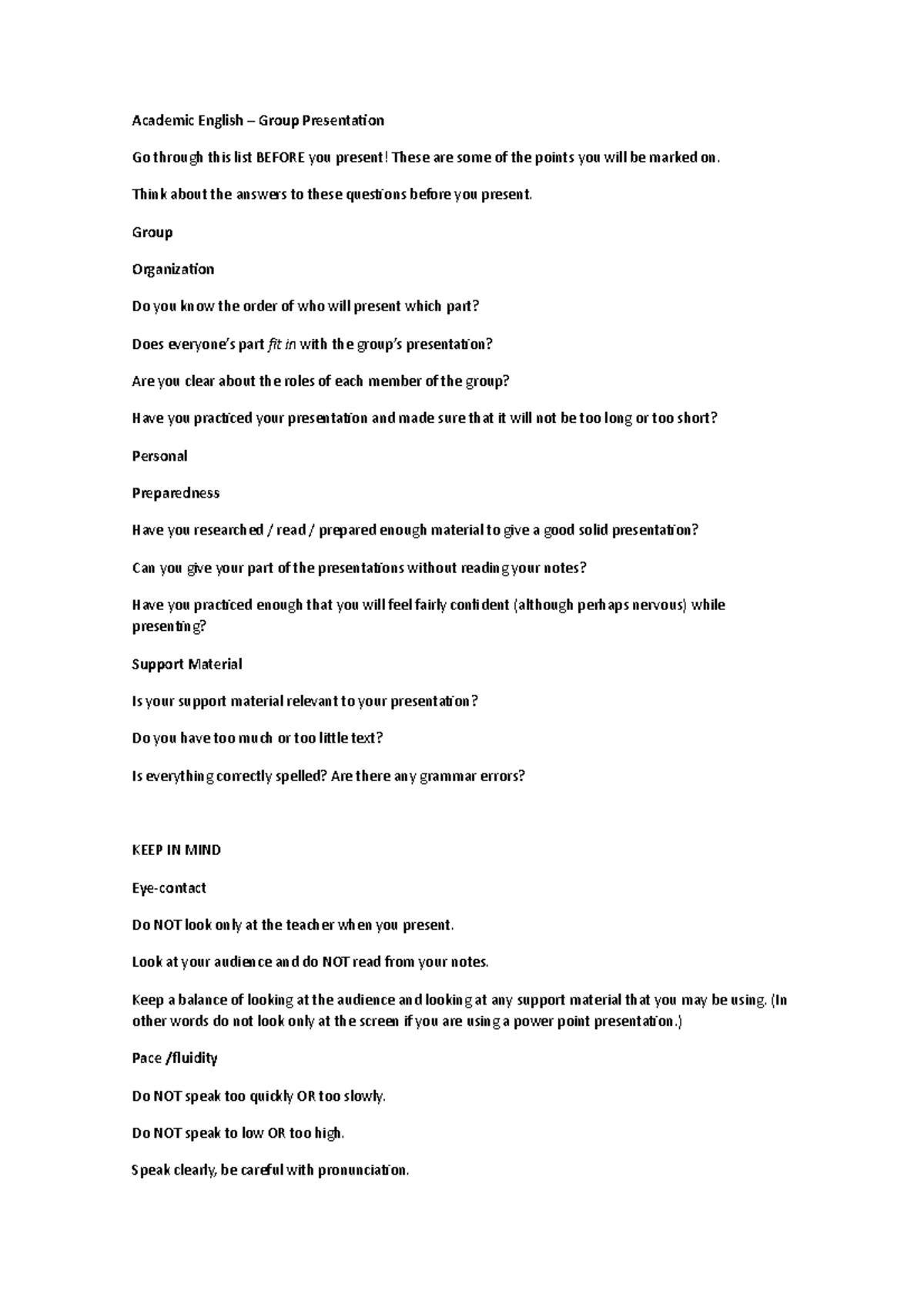 Group work project check list for studetns - Academic English – Group ...