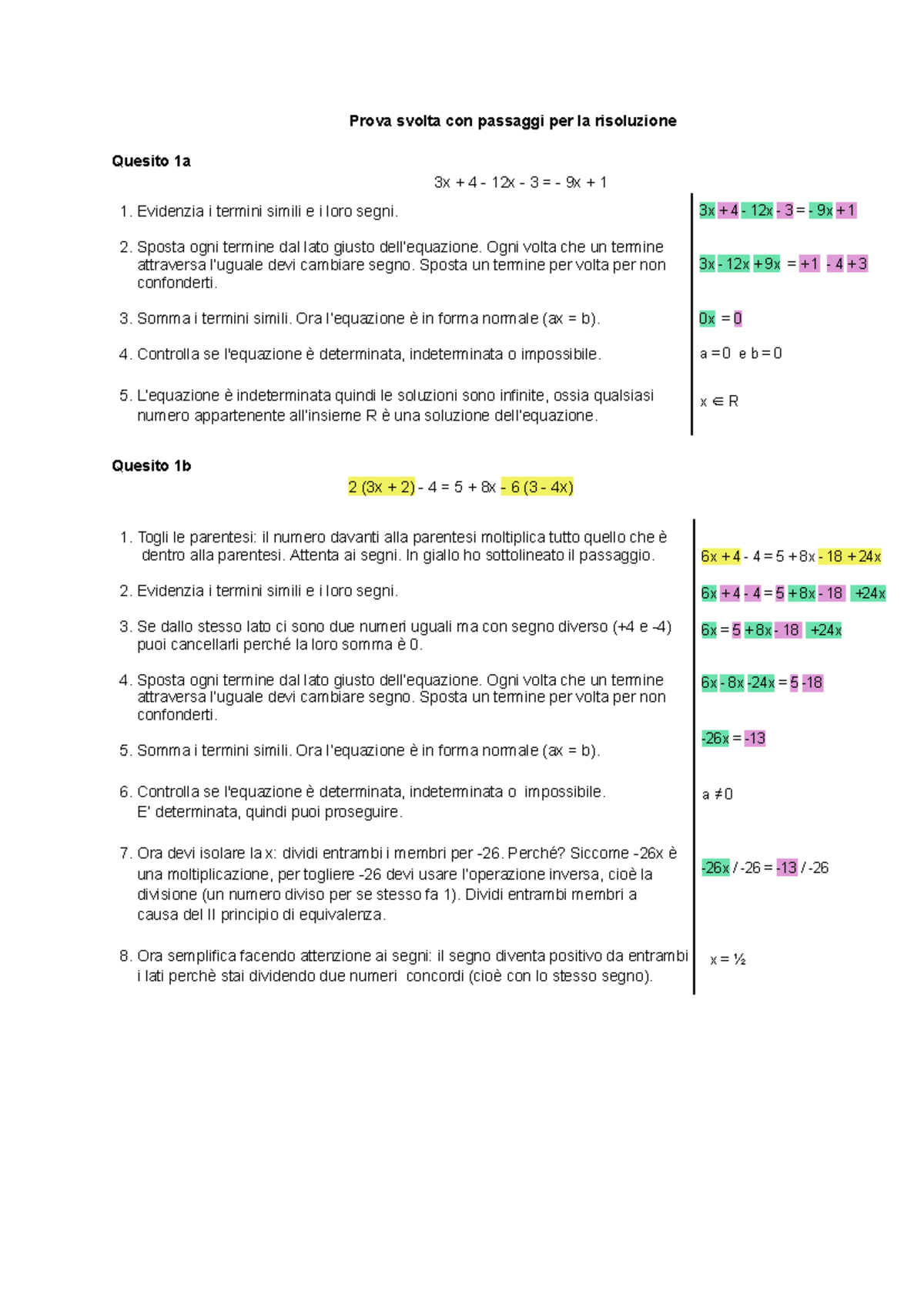 Equazioni - Prova svolta con passaggi per la risoluzione Quesito 1a 3x ...
