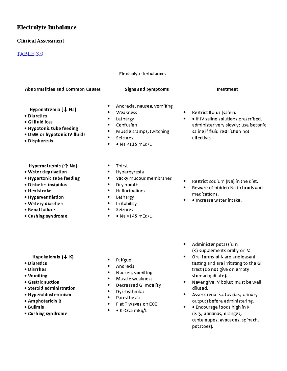 Electrolyte chart - Electrolyte Imbalance Clinical Assessment TABLE 3 ...
