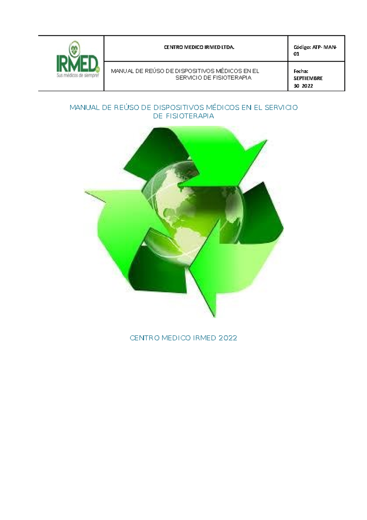 ATP- MAN-01 Manual DE Reúso DE Dispositivos Médicos EN EL Servicio DE Fisioterapia - MANUAL DE ...