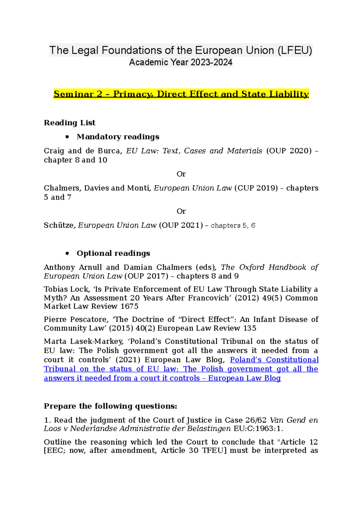 LFEU Seminar 2 - lecture notes - The Legal Foundations of the European ...