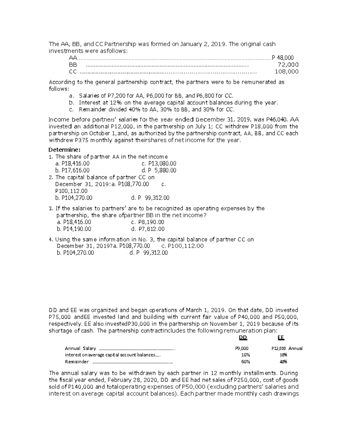 Operations- Practice- Problems - The AA, BB, and CC Partnership was formed on January 2, 2019 ...