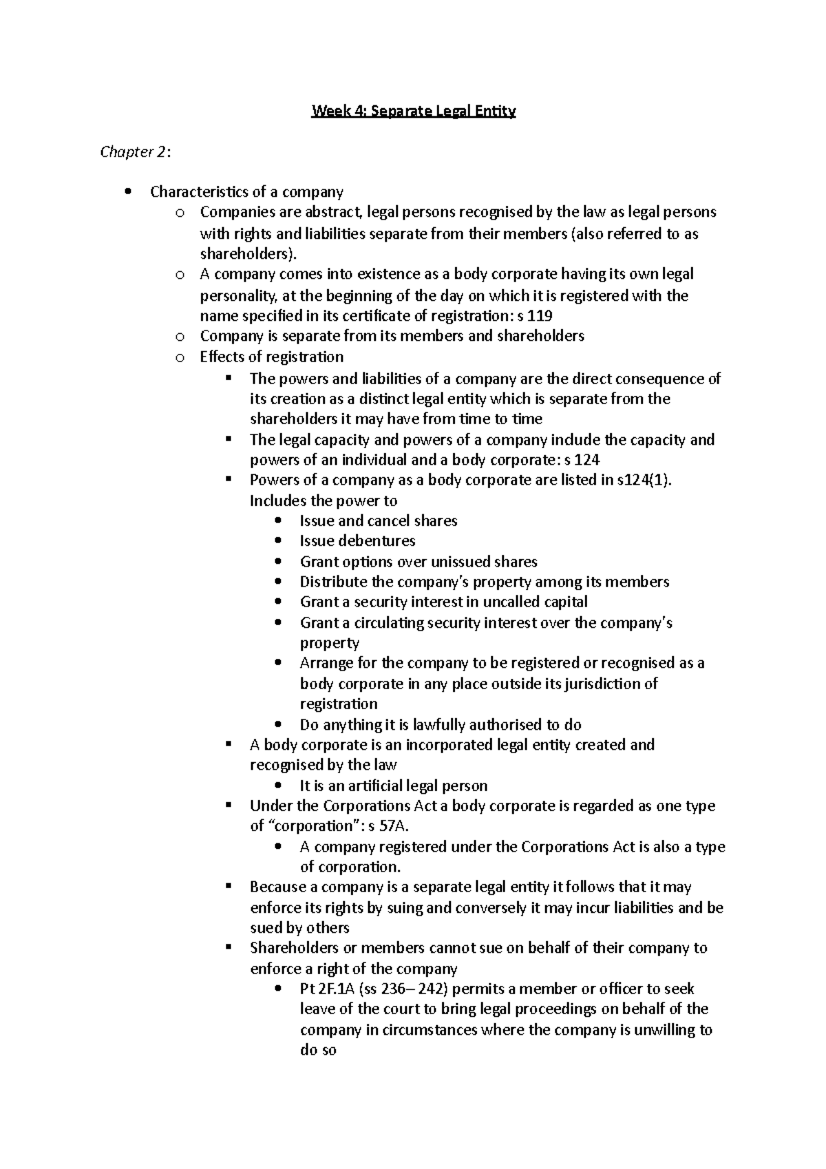 Week 4 - LOBO Week 4 Notes - Week 4: Separate Legal Entity Chapter 2 ...