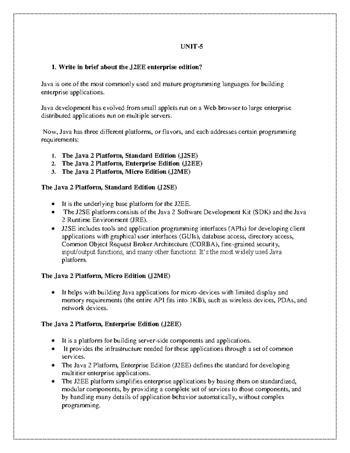 PT(U5) - Keogh, “J2EE The Complete Reference”, Tata McGraw-Hill, 2008. (UNIT V) - UNIT- 1. Write ...