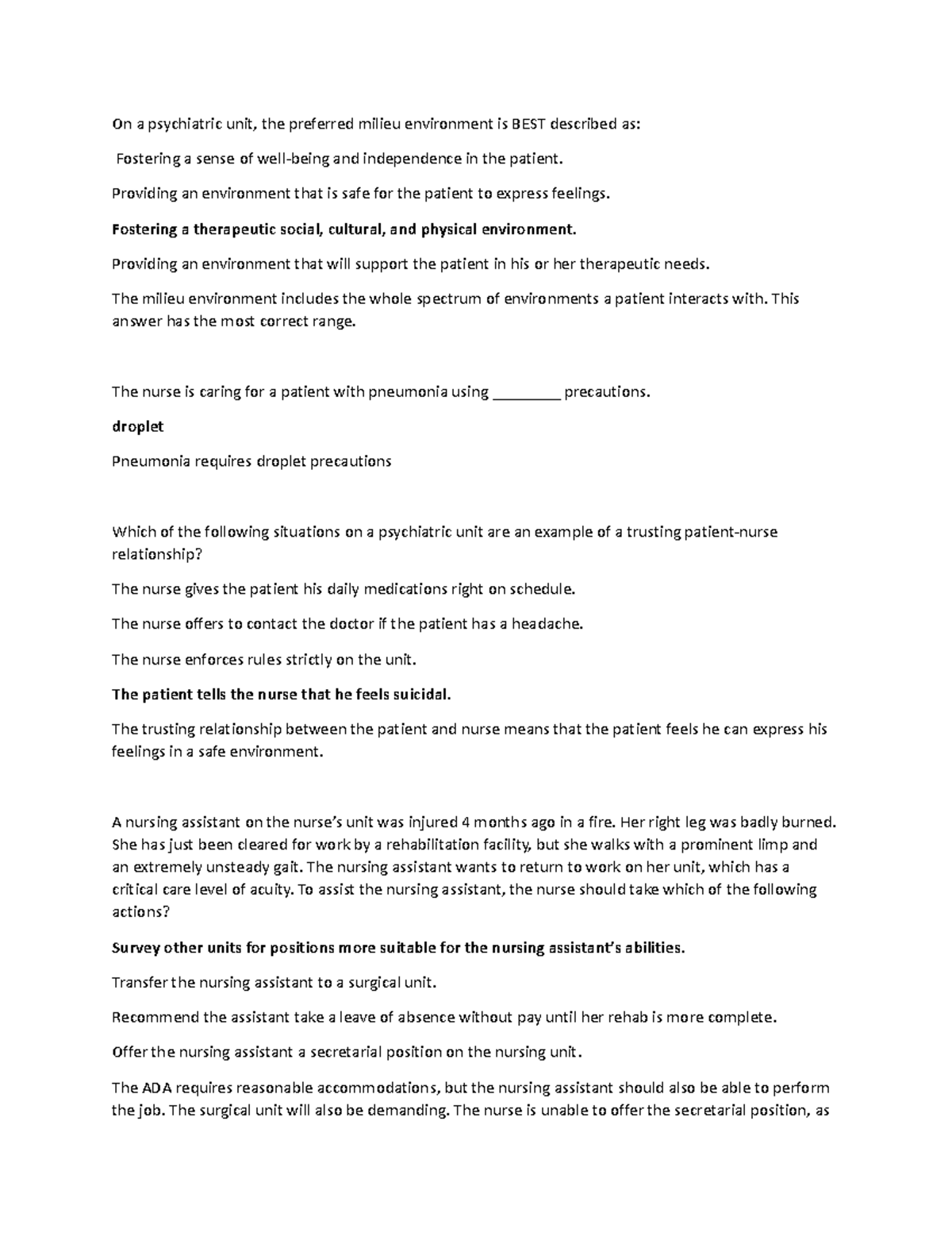 Nclex Practice Questions - On a psychiatric unit, the preferred milieu ...