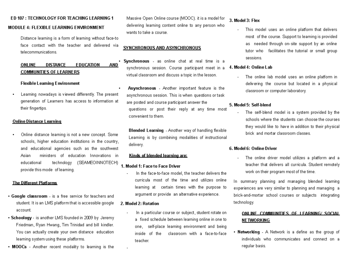 ED 107 M4 Reviewer 1 - N/A - ED 107 : TECHNOLOGY FOR TEACHING LEARNING 1 MODULE 4: FLEXIBLE ...