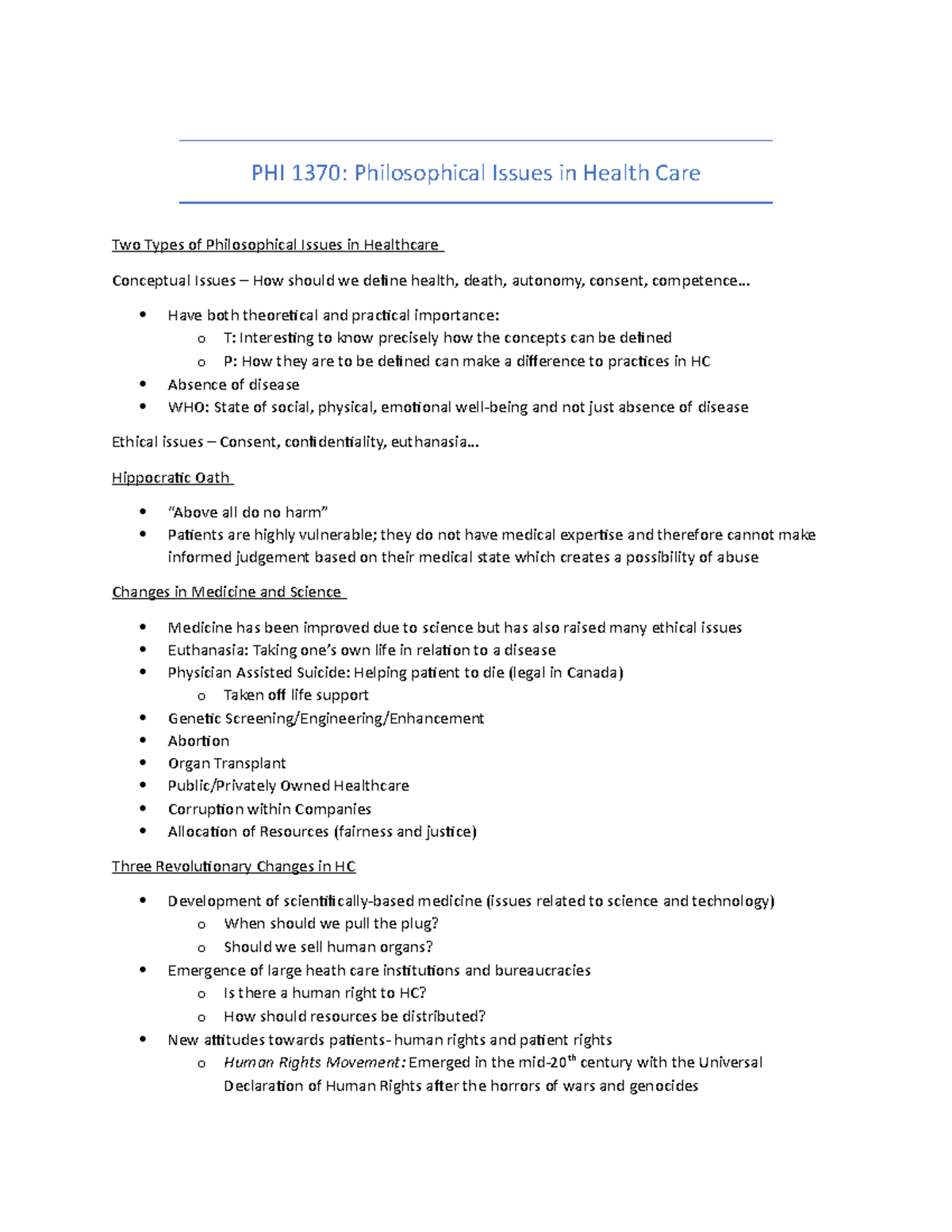 Lecture 1 - PHI 1370: Philosophical Issues in Health Care Two Types of ...