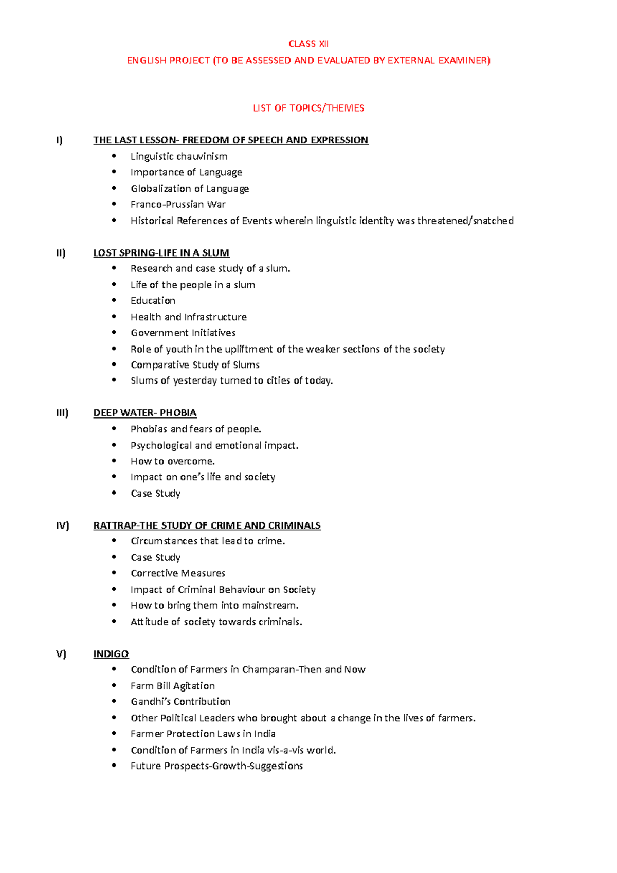 Class XII Project Topics - CLASS XII ENGLISH PROJECT (TO BE ASSESSED ...