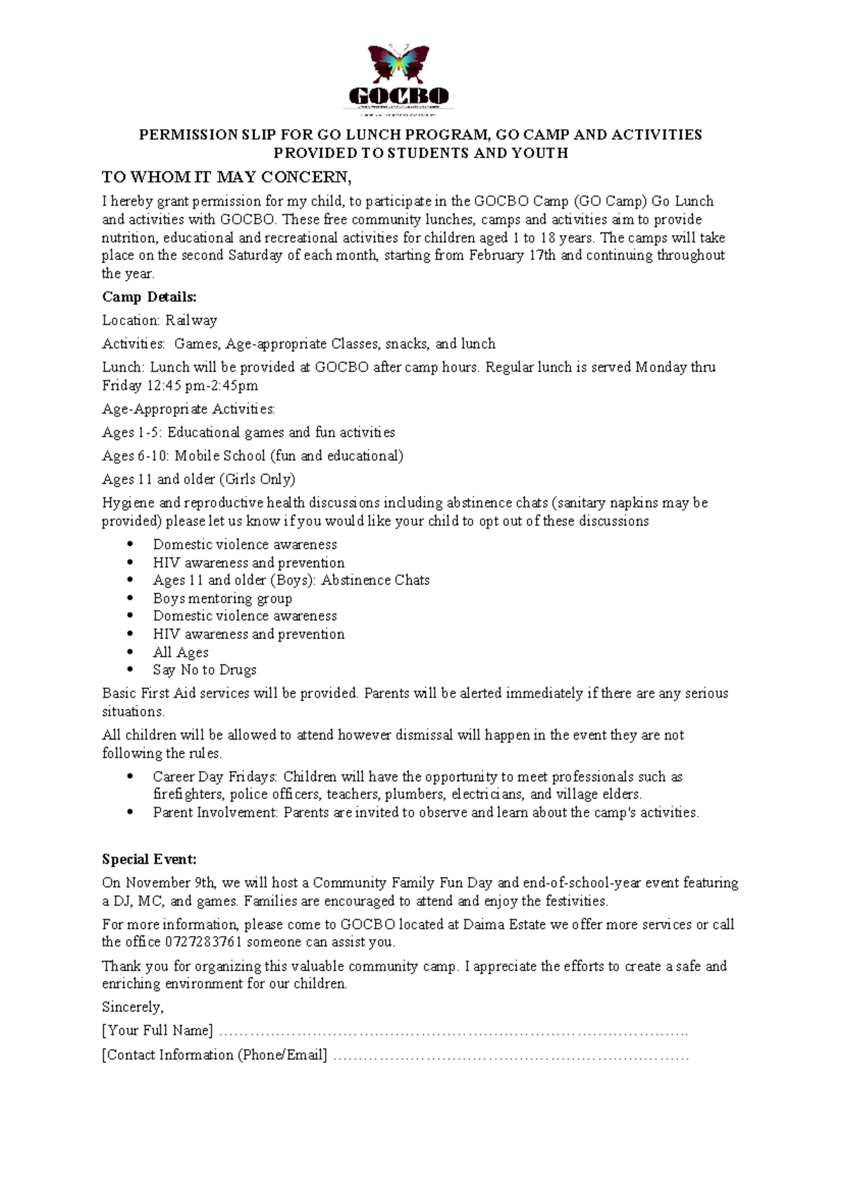 Permission SLIP FOR GO Lunch Program - PERMISSION SLIP FOR GO LUNCH ...