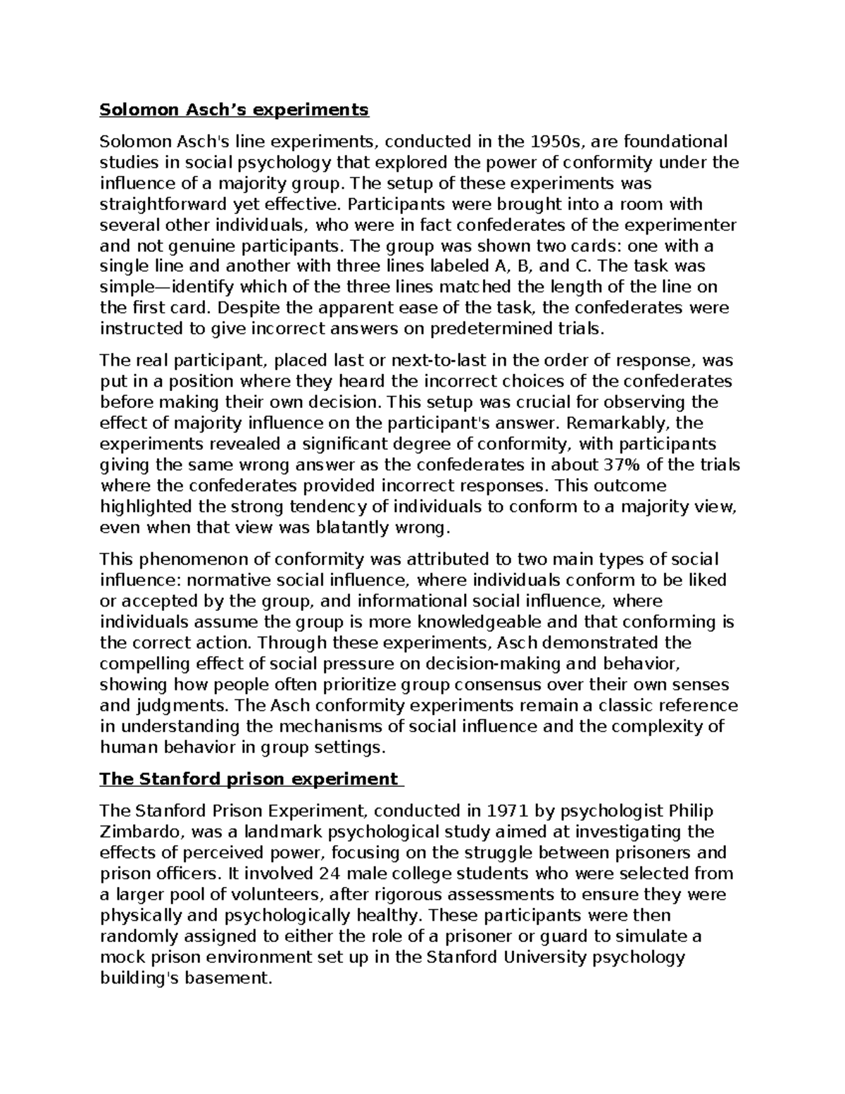 solomon aschs expertiment and the stanford prison experiment - Solomon ...