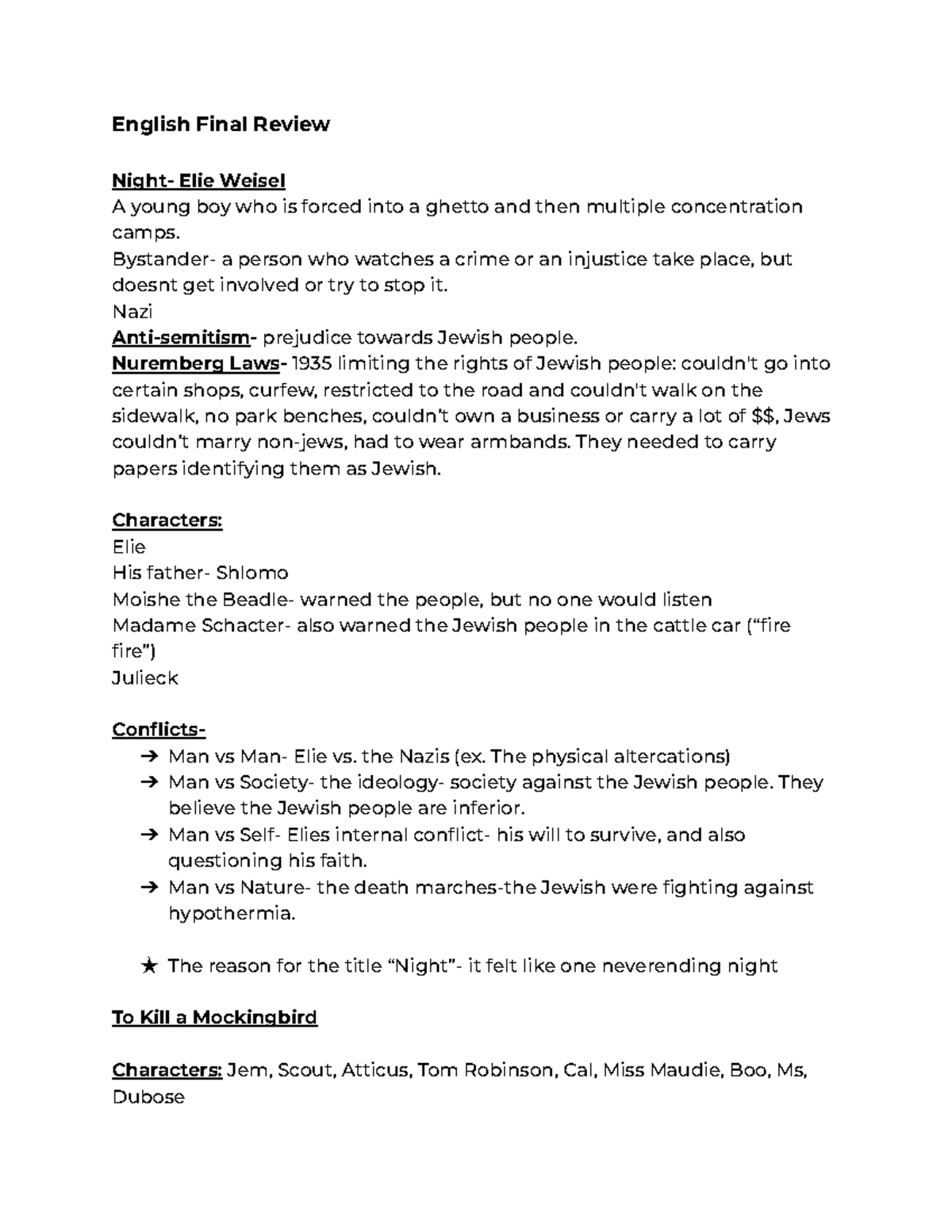 Final Exam - Done in class - English Final Review Night- Elie Weisel A ...