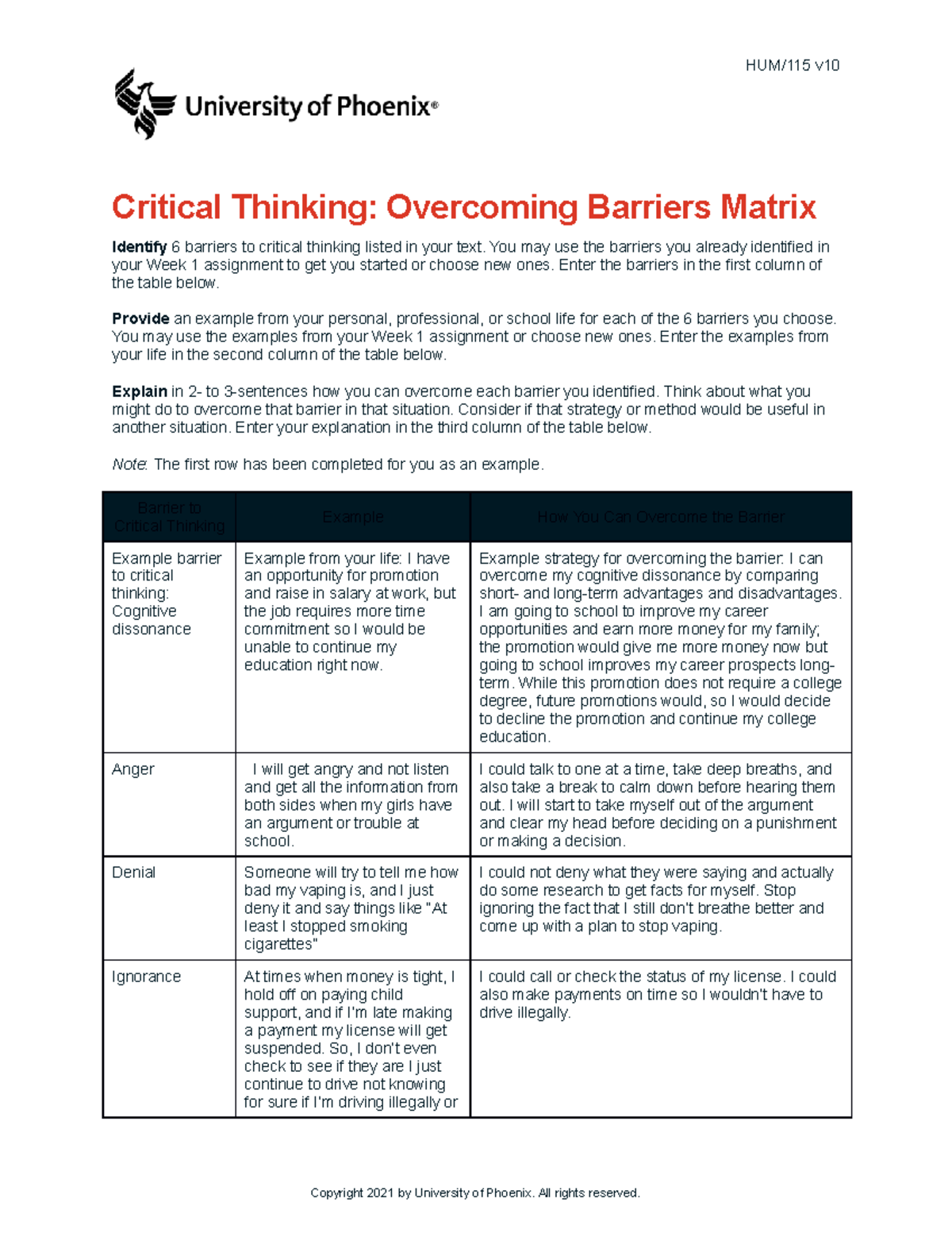 Hum115 v10 wk3 critical thinking overcoming barriers matrix - HUM/115 v Critical Thinking: - Studocu