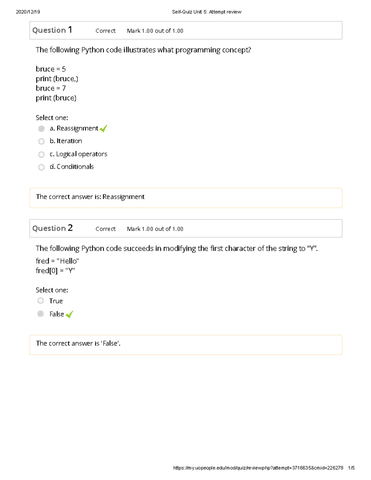 Self-Quiz Unit 5 Attempt review 0000 - Question 1 Correct Mark 1 out of ...