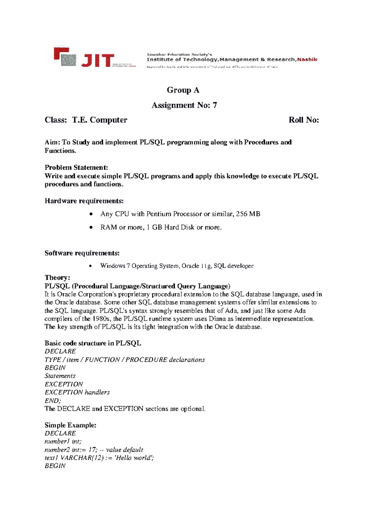 Dbms-assignment-7 - Lab Manual - Group A Assignment No: 7 Class: T. Computer Roll No: Aim: To ...