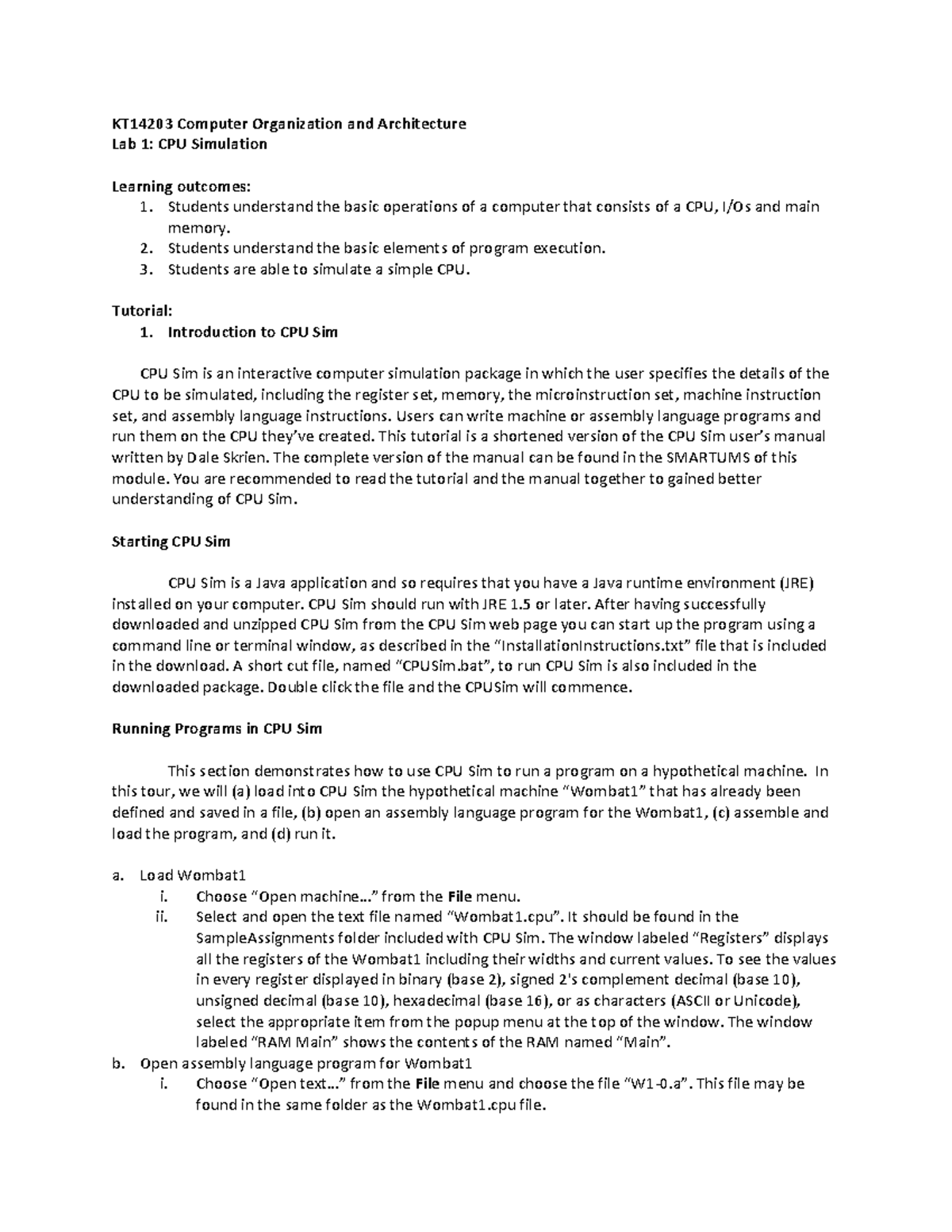Lab 1 program execution tutorial - KT14203 Computer Organization and ...