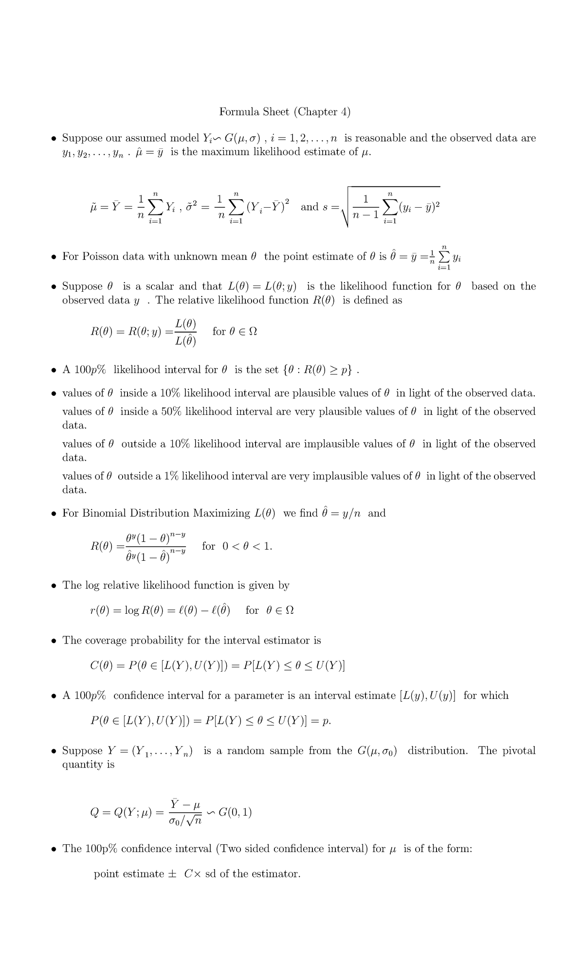 Formula Sheet for Chapter 4 - Studocu