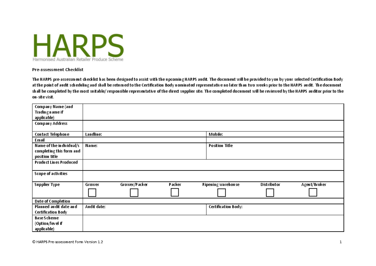 Harps Pre assessment Version 1.2 - Pre-assessment Checklist The HARPS pre-assessment checklist ...