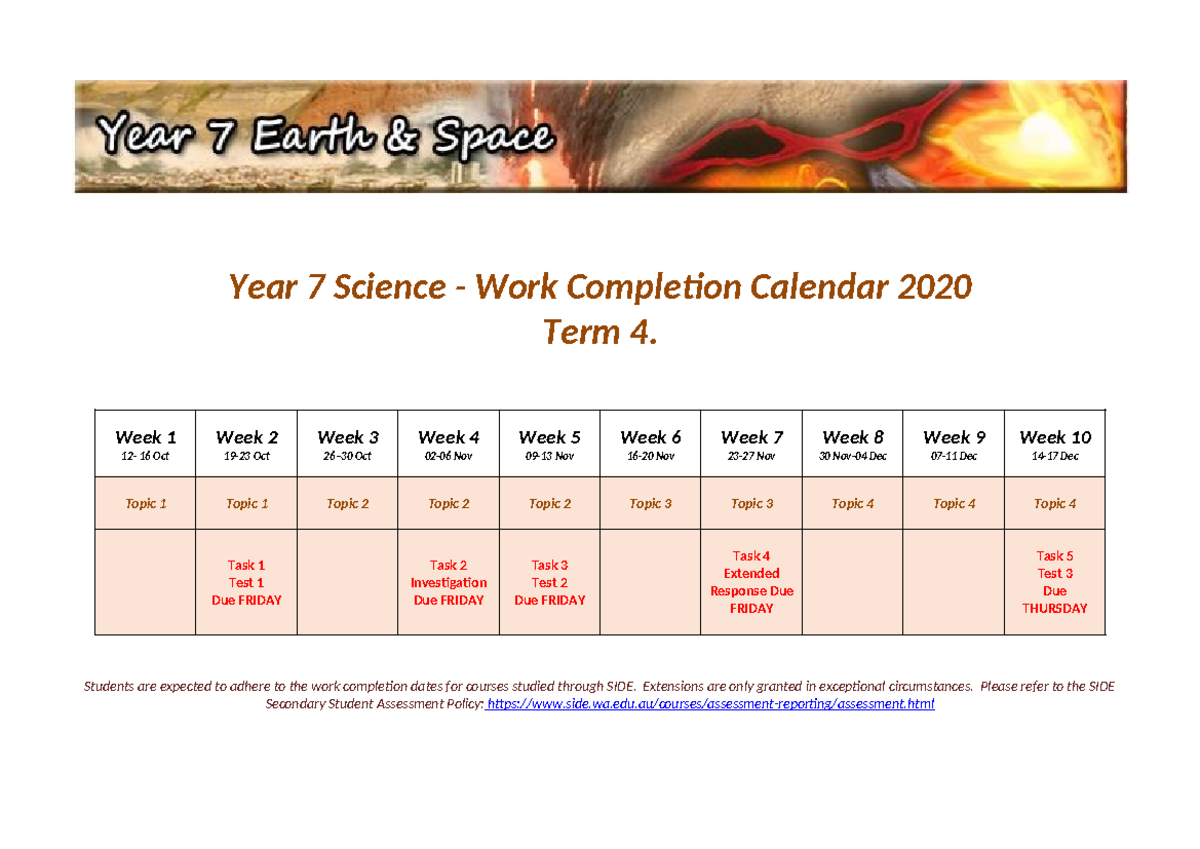 Earth and space completion calendar 2020 - Year 7 Science - Work ...