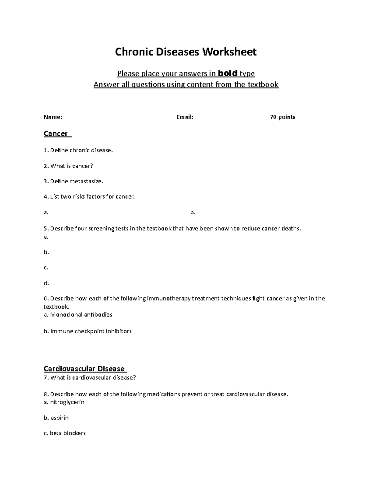 Chronic Diseases worksheet OL - Chronic Diseases Worksheet Please place ...