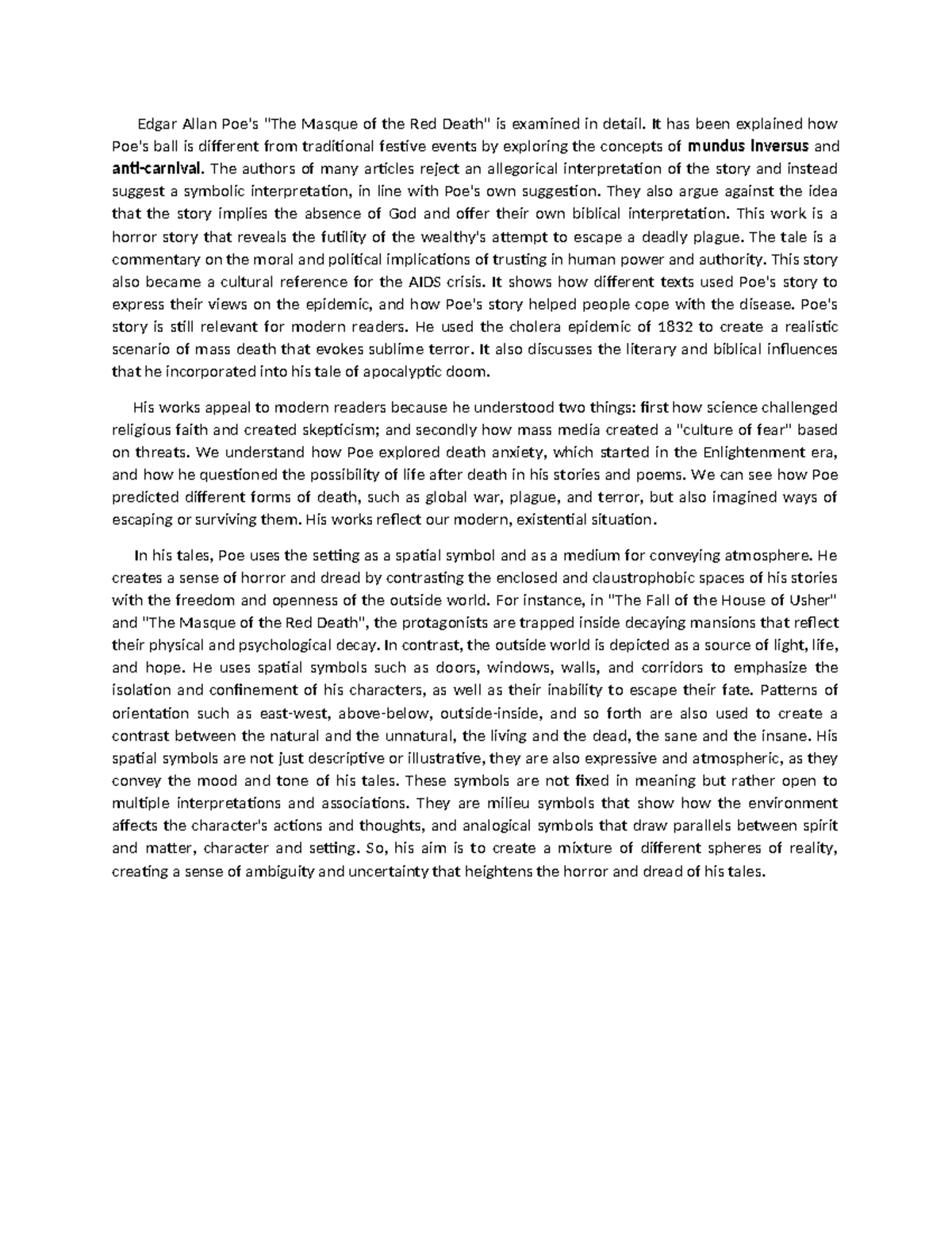 Literature review of the Mask of the Red Death - Edgar Allan Poe's "The ...