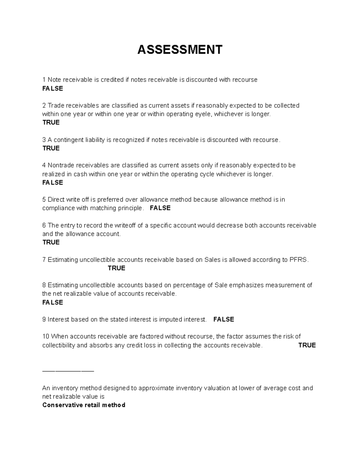 Self Assessment - Intermediate Accounting - ASSESSMENT 1 Note ...