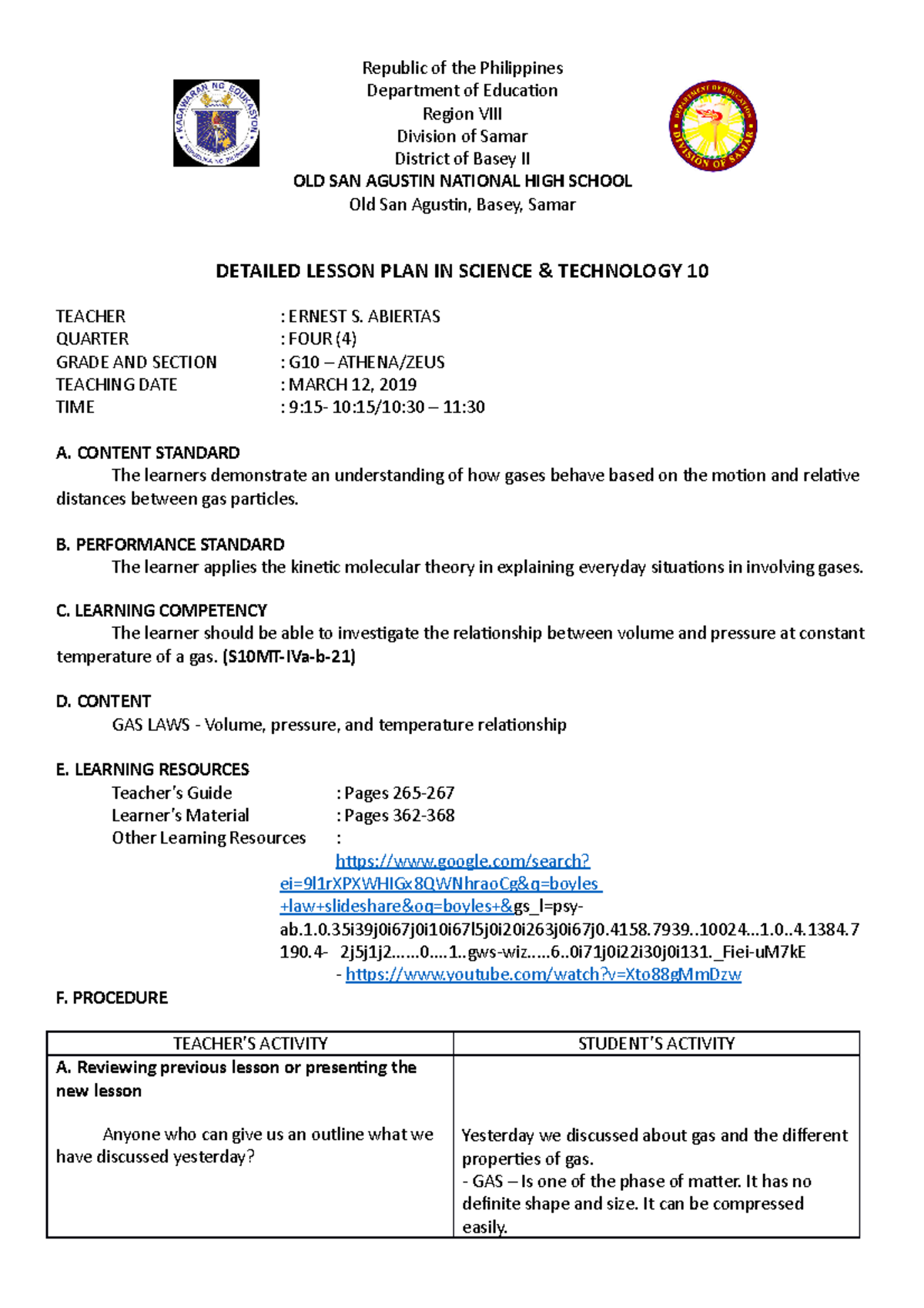 Detailed Lesson Plan Boyle's Law - Republic of the Philippines ...