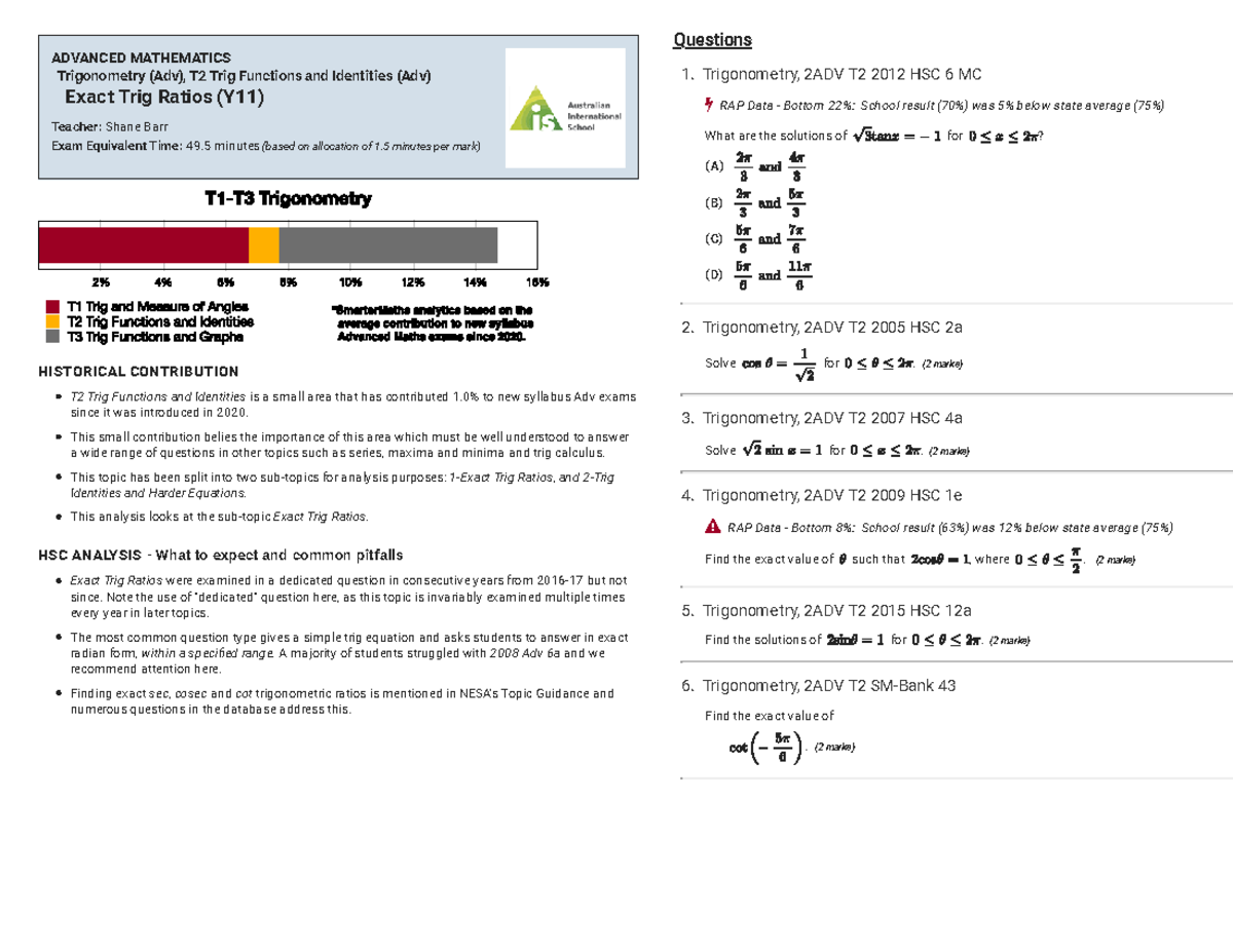 HSC Past Questions Exact Trig - A D V A N C ED M A T H E M AT IC S Tr ...