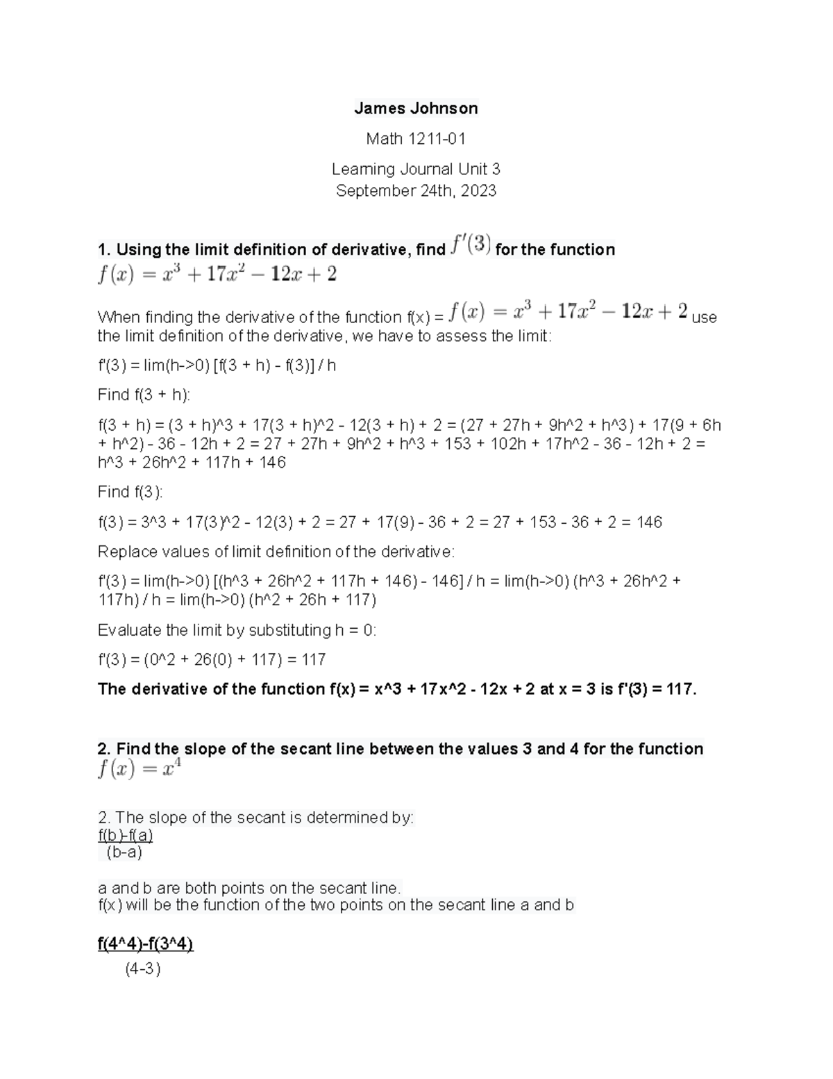 Math Learning Journal 3 - James Johnson Math 1211- Learning Journal ...