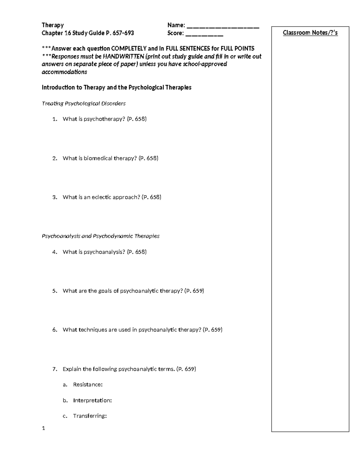 Chapter 16 Therapy Study Guide - Therapy Name ...